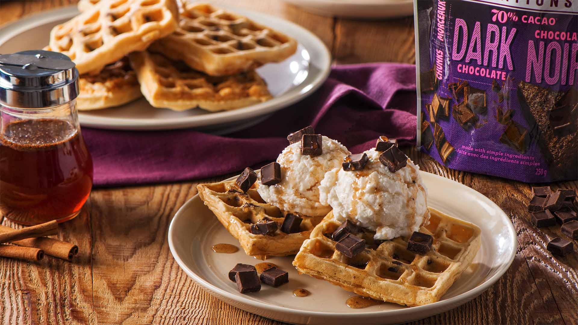 Chocolate Chunk Waffles with Spiced Maple Syrup Recipe | Recipes